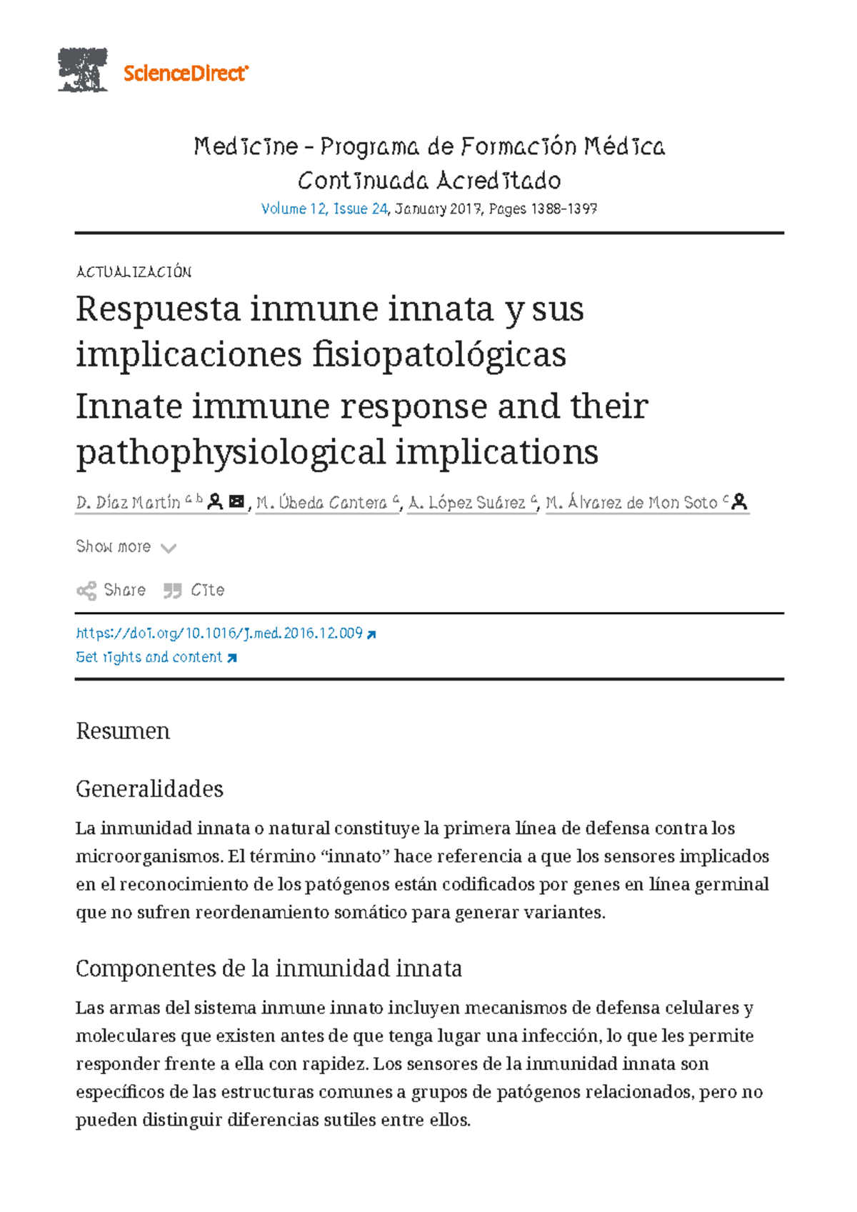 Implicaciones fisiopatológicas de la respuesta inmune innata: Análisis - Studocu