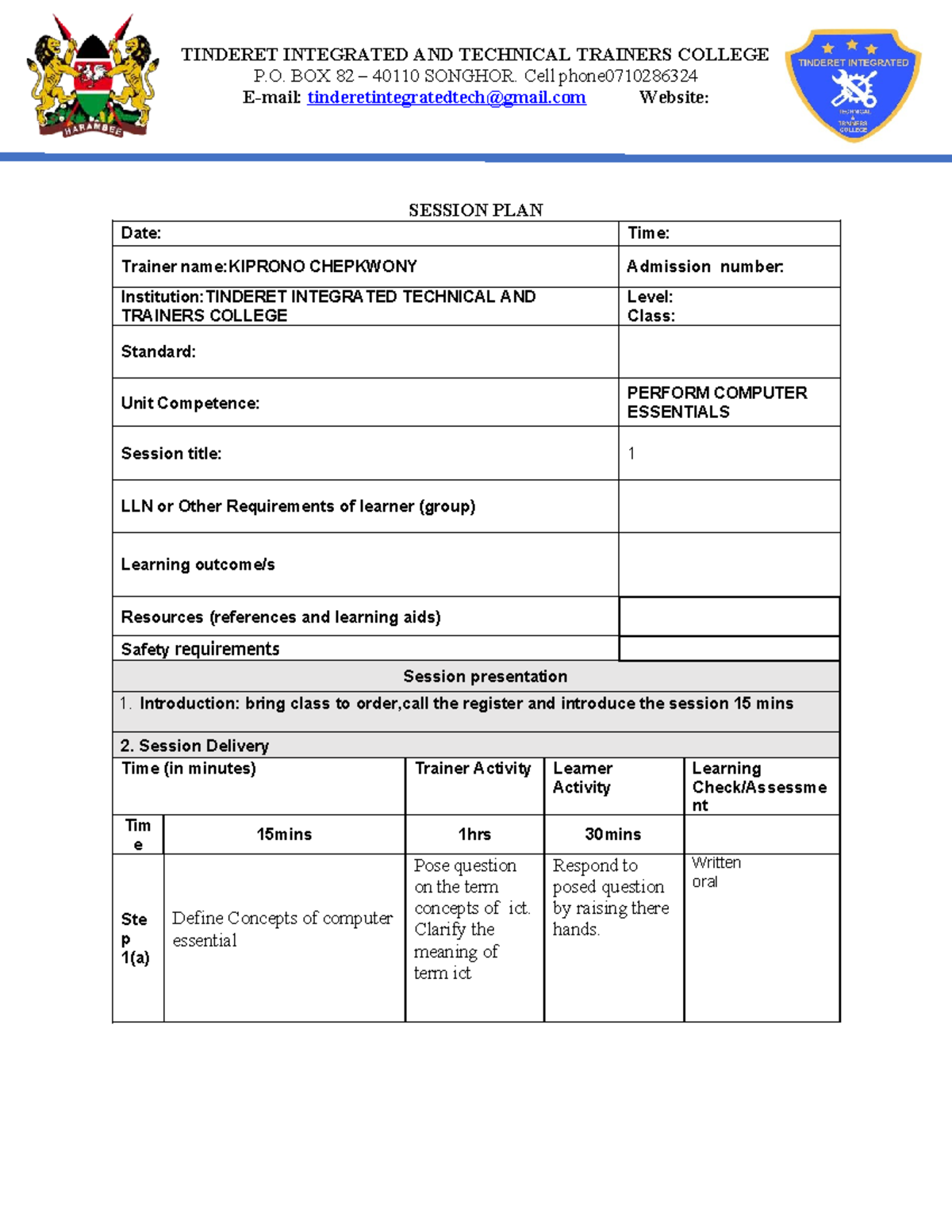 MIS Session Plan: Computer Essentials Training at TTI College - Studocu