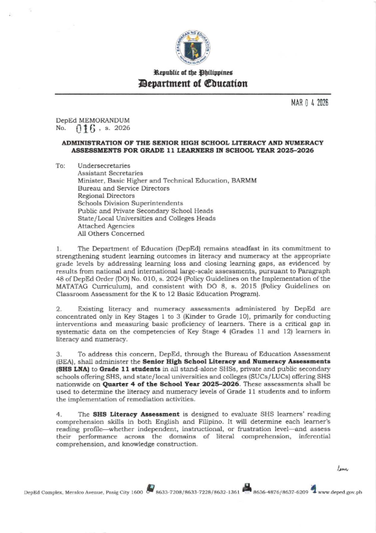DepEd Memorandum No. 016, S. 2026: SHS Literacy & Numeracy Assessments ...