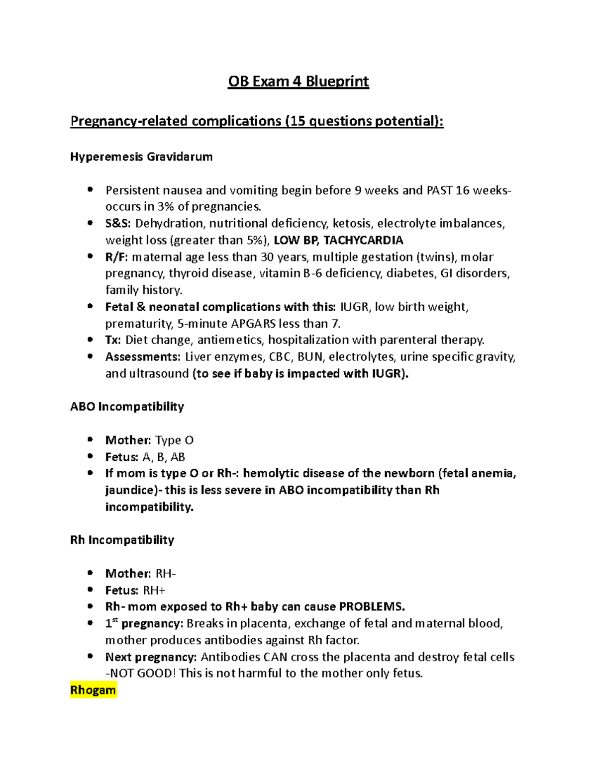 OB 4 Exam Blueprint: Key Pregnancy Complications Overview - Studocu