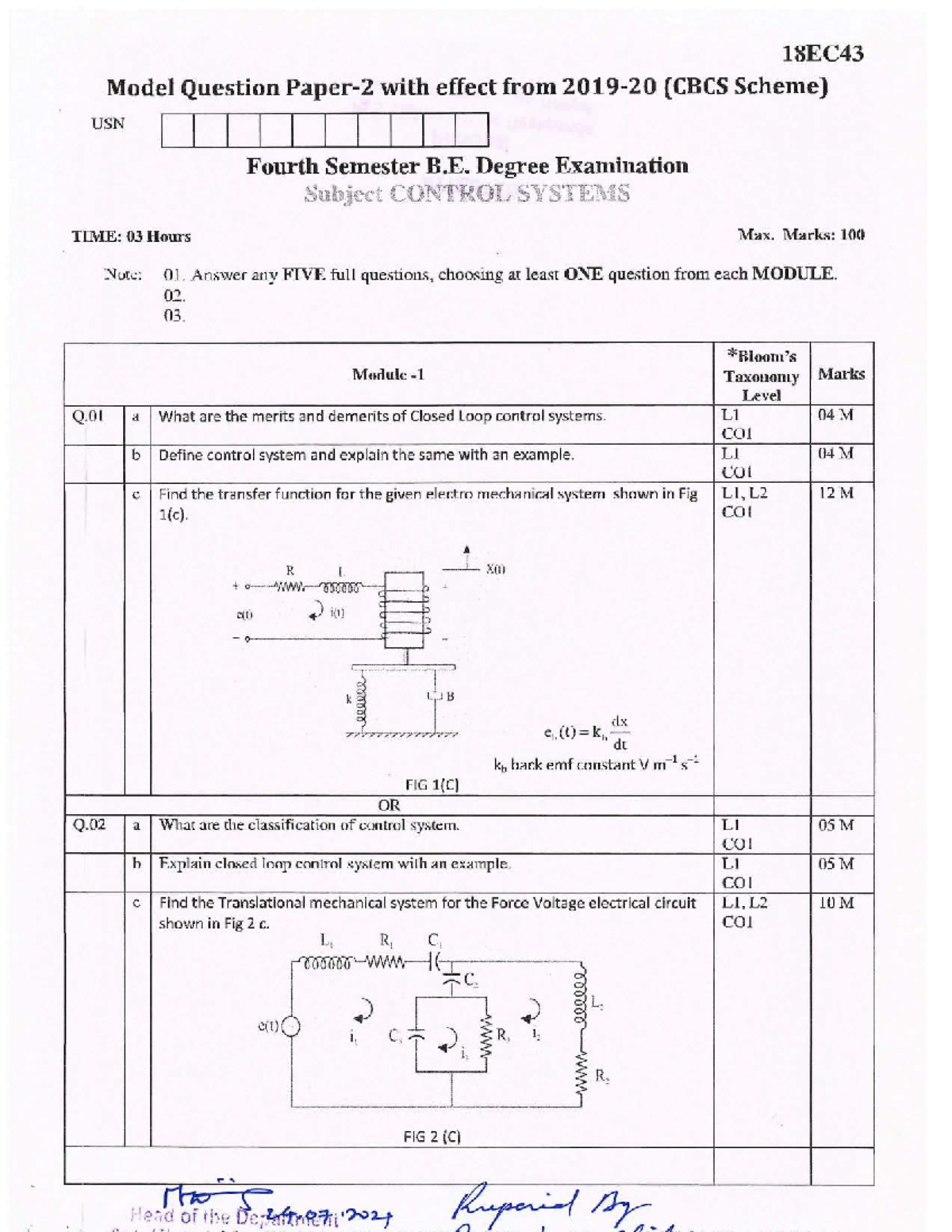 18EC43 Control Systems Model Question Paper for 4th Sem B.E. - Studocu