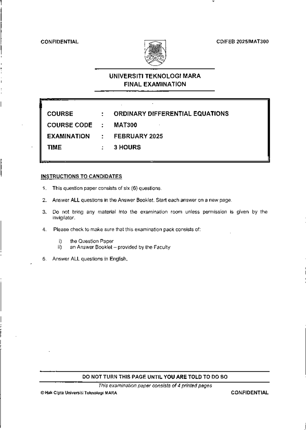 MAT300 Final Exam: Ordinary Differential Equations - Feb 2025 - Studocu