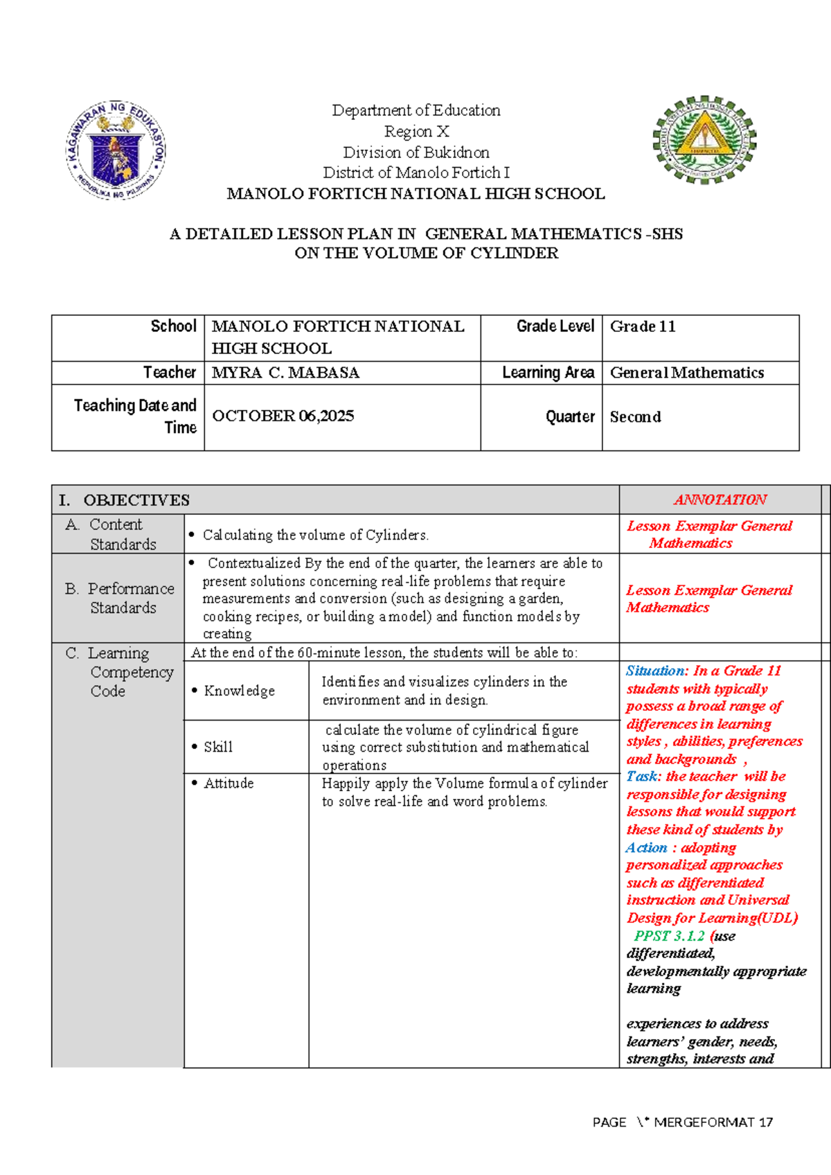 Detailed Lesson Plan in General Mathematics: Volume of Cylinder (Grade ...