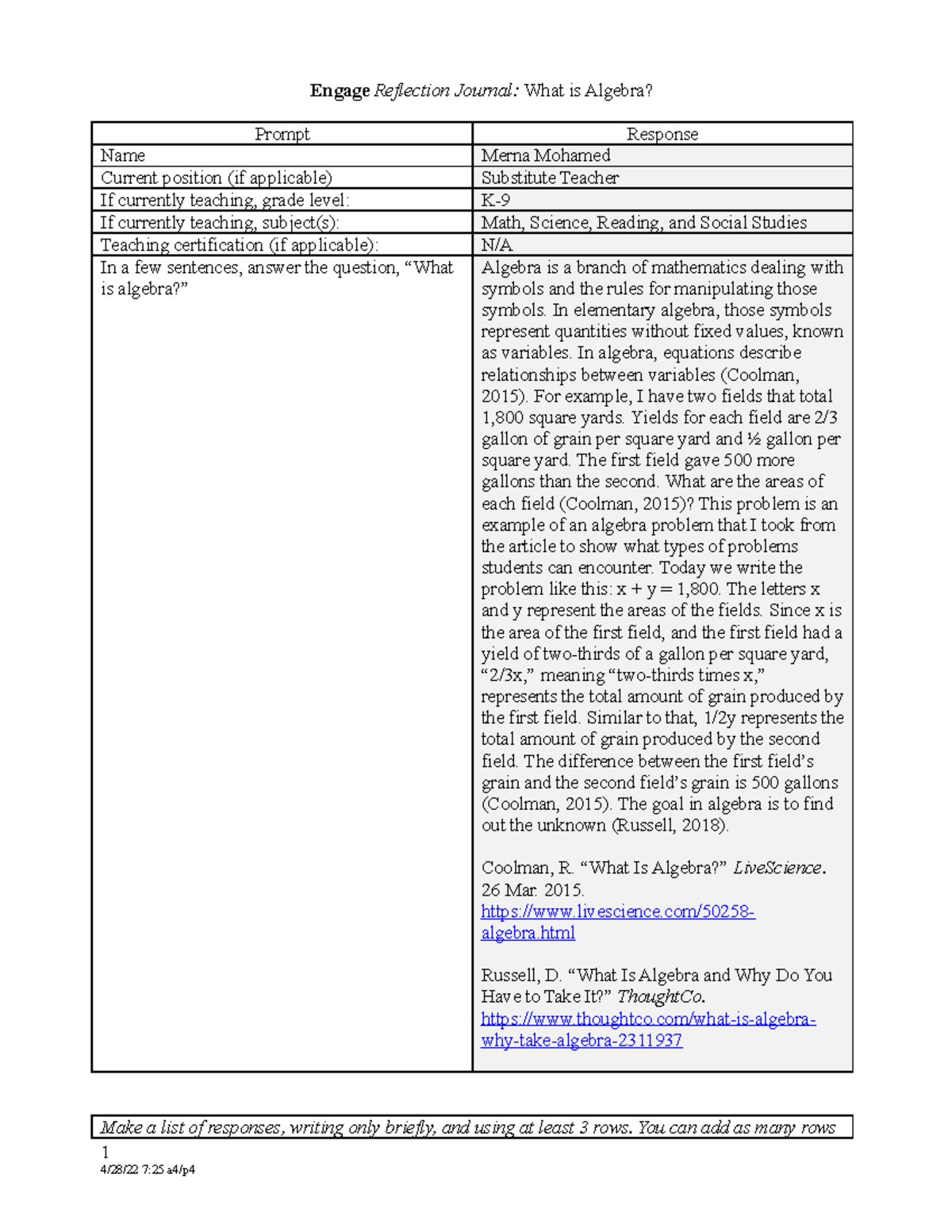 Engage Reflection Journal What is Algebra - In elementary algebra ...