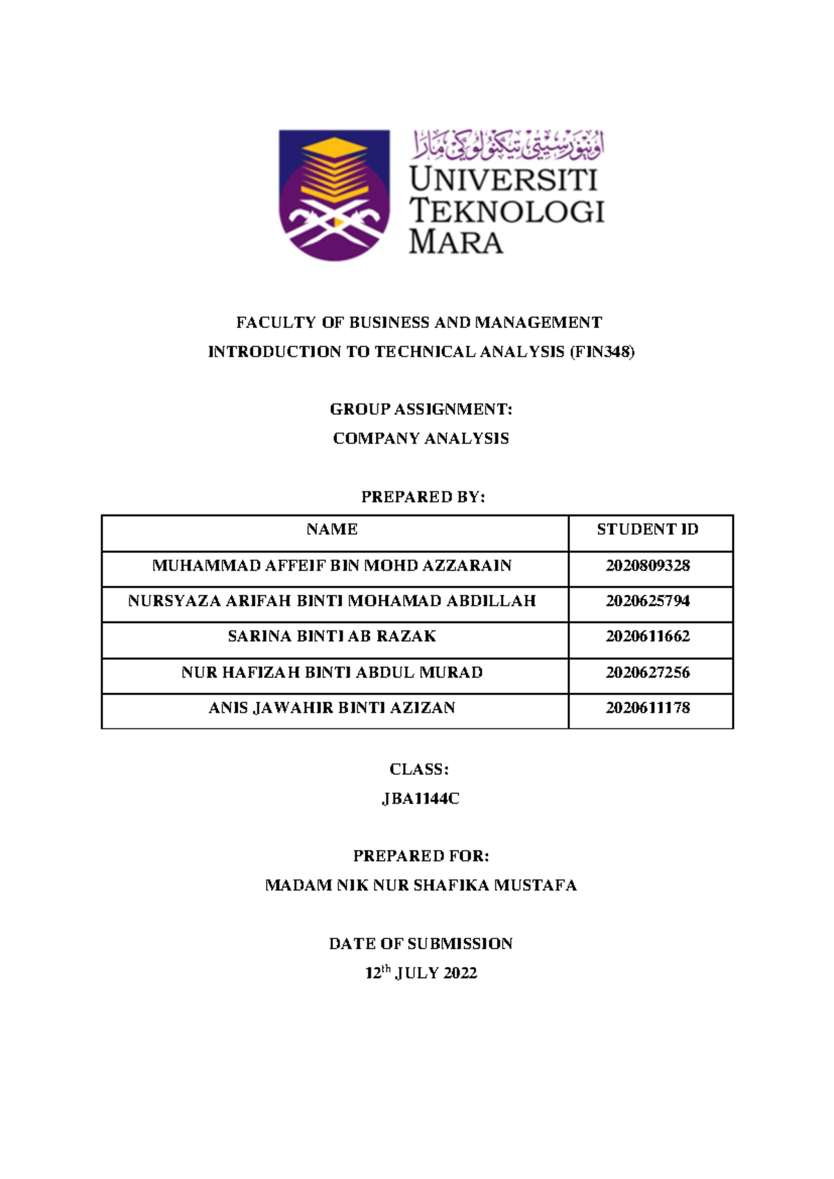 FIN348 Company Analysis - FACULTY OF BUSINESS AND MANAGEMENT INTRODUCTION TO TECHNICAL ANALYSIS ...
