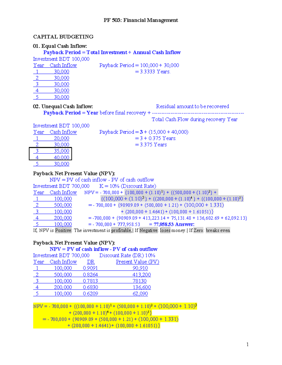 PF 503: Financial Management - Capital Budgeting Techniques and ...