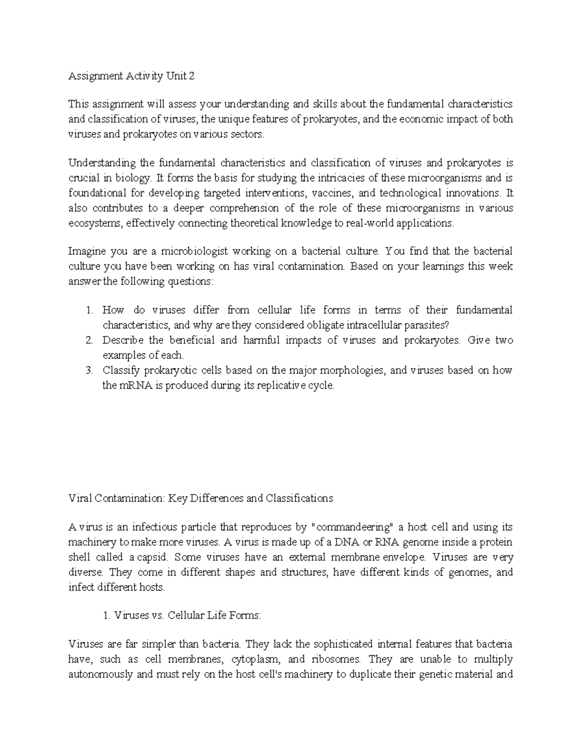 Assignment Activity Unit 2: Virus and Prokaryote Characteristics & Impacts - Studocu