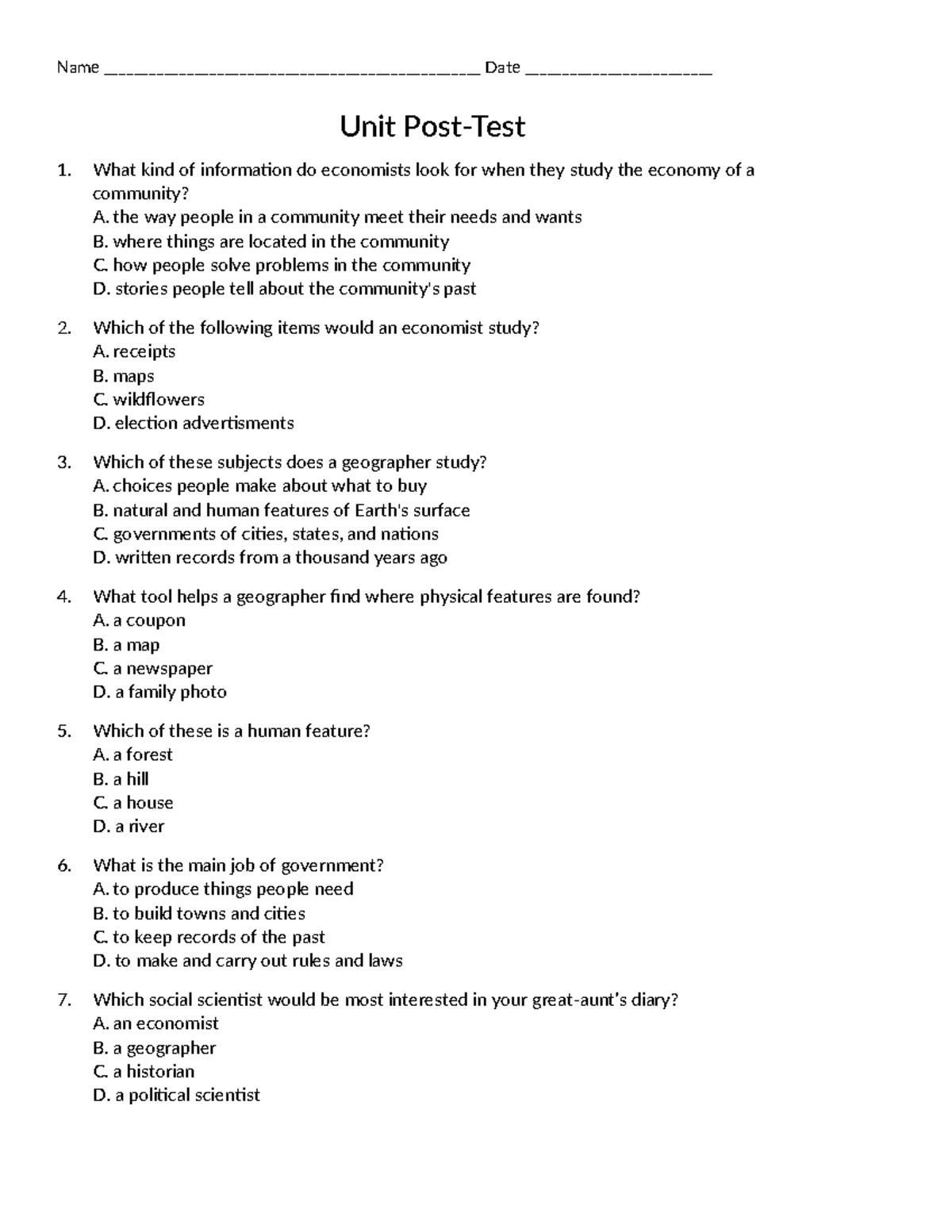 Unit Post-Test: Understanding Economics & Geography Concepts - Studocu