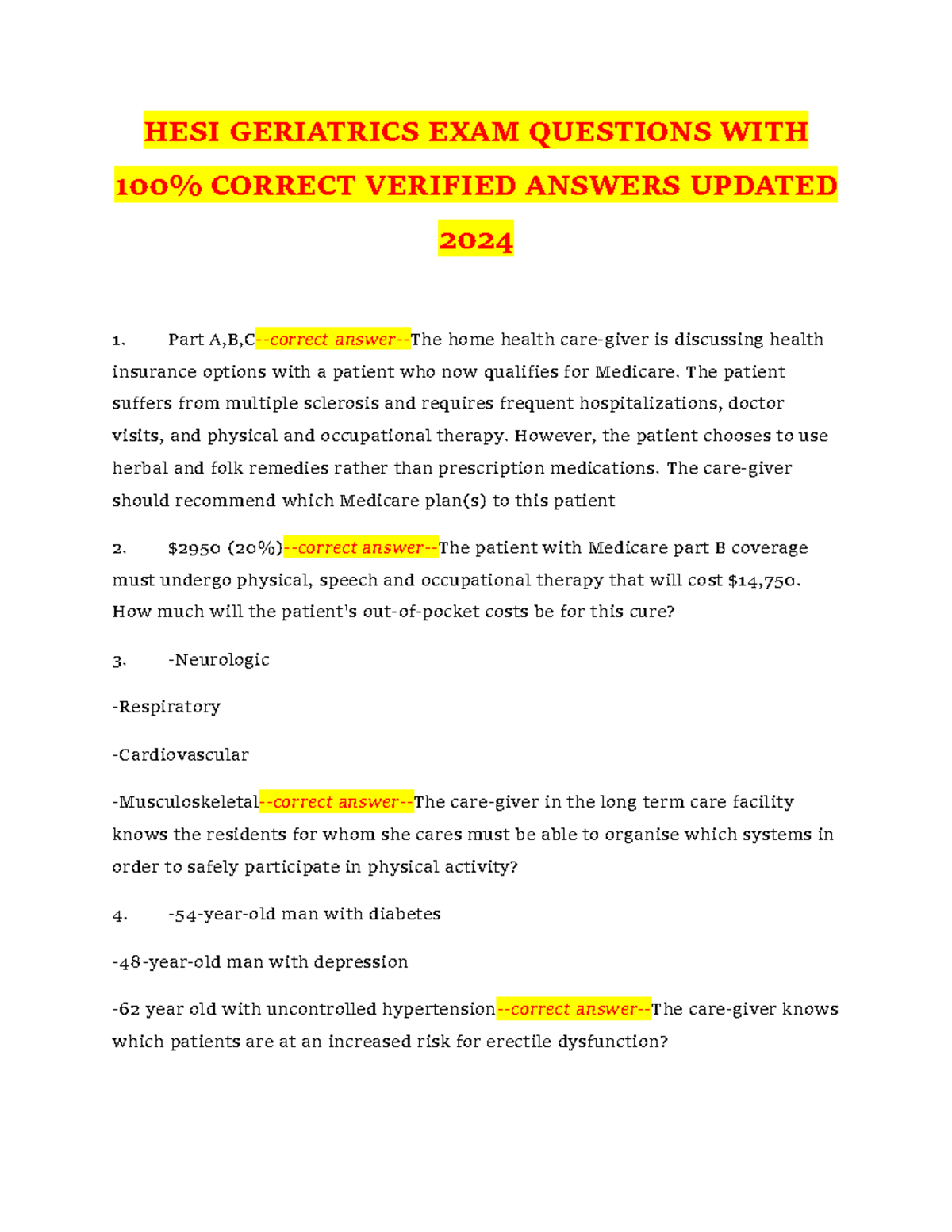 HESI Geriatrics Exam Questions & Answers (100% Correct) Updated 2024 ...