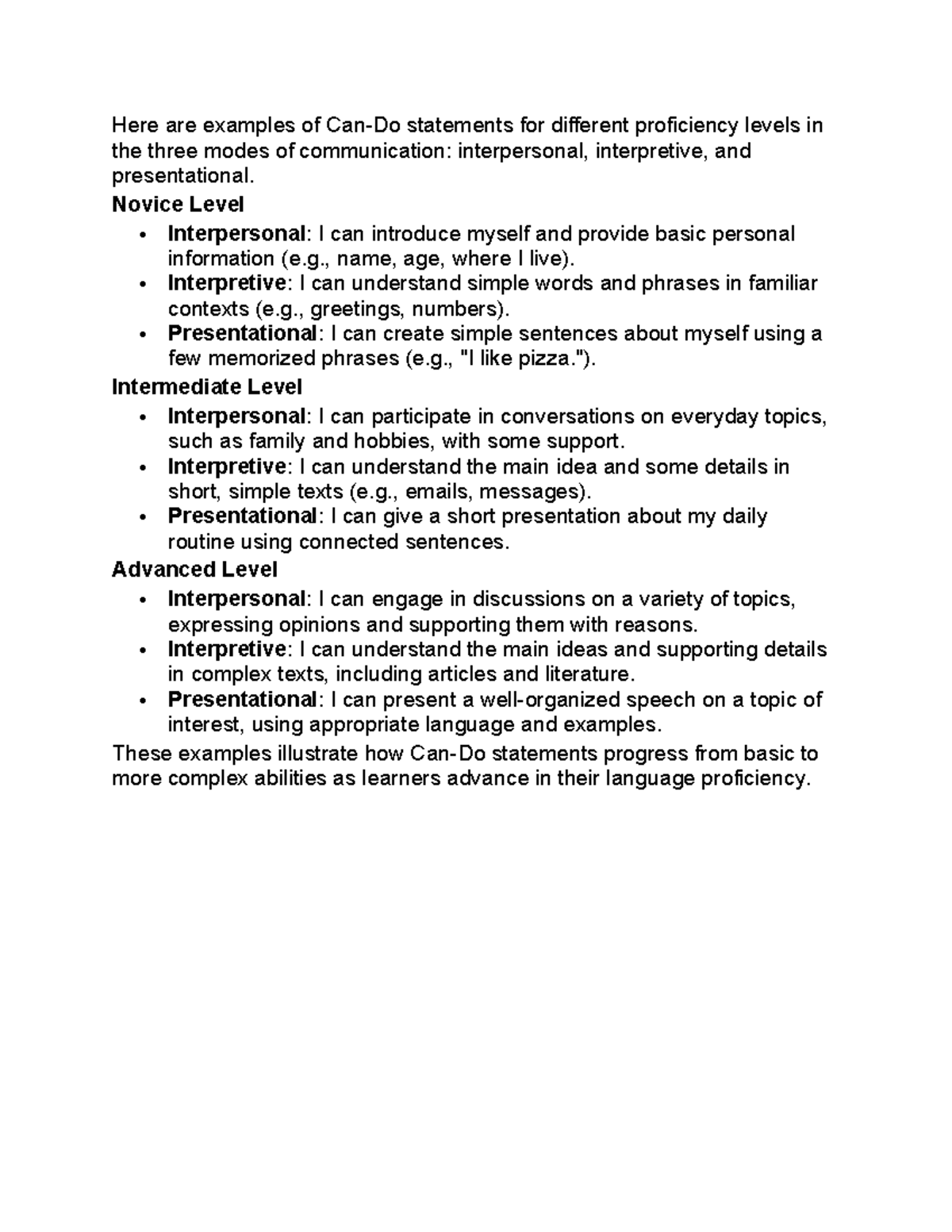Can-Do Statements for Language Proficiency Levels - RFREGERG - Studocu