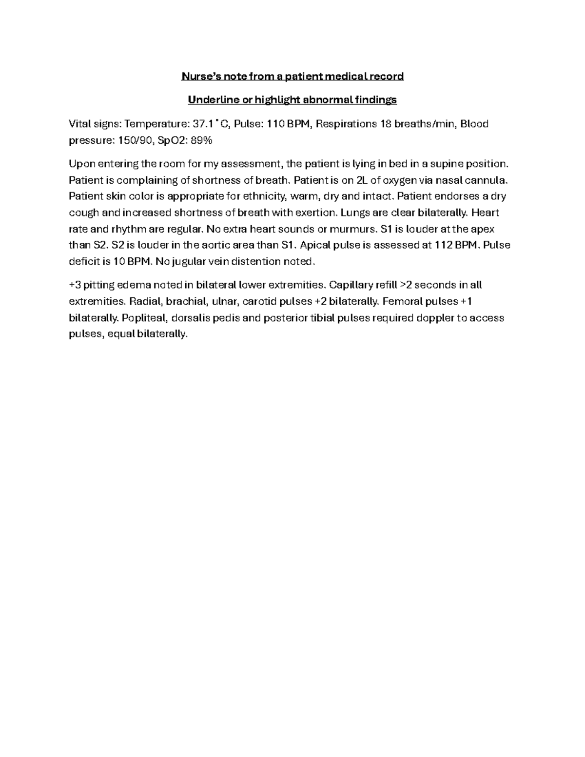 Nursing Assessment Report: Patient Vital Signs & Abnormal Findings ...