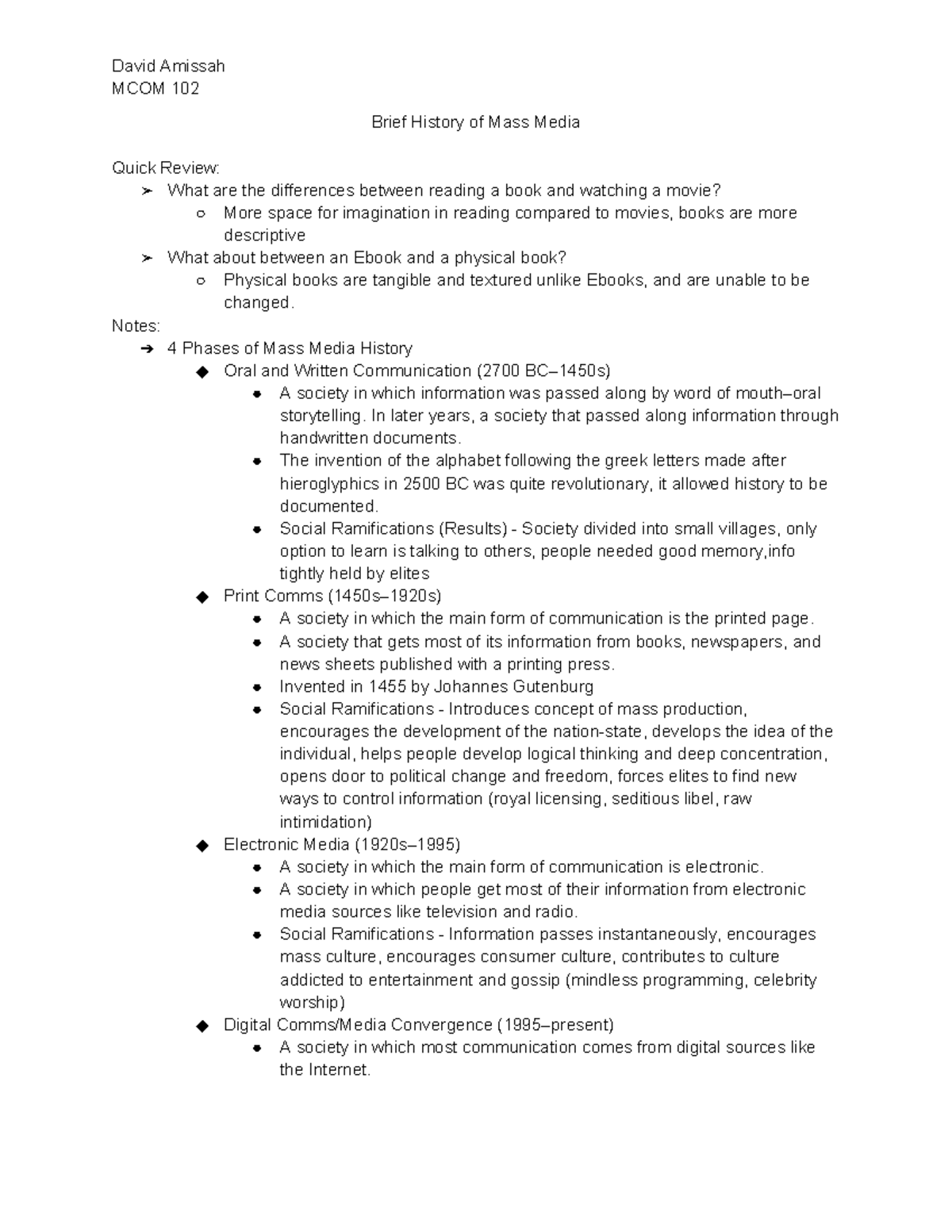 MCOM 102: Quick Review of Mass Media History and Social Effects - Studocu