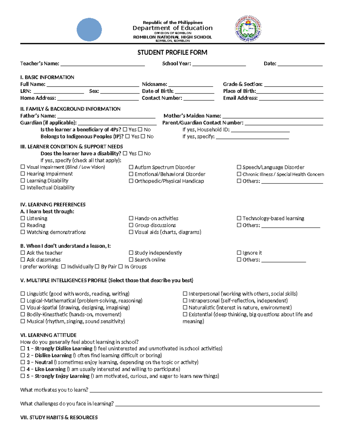 Learner Profile Commitment Form - Romblon National High School - Studocu