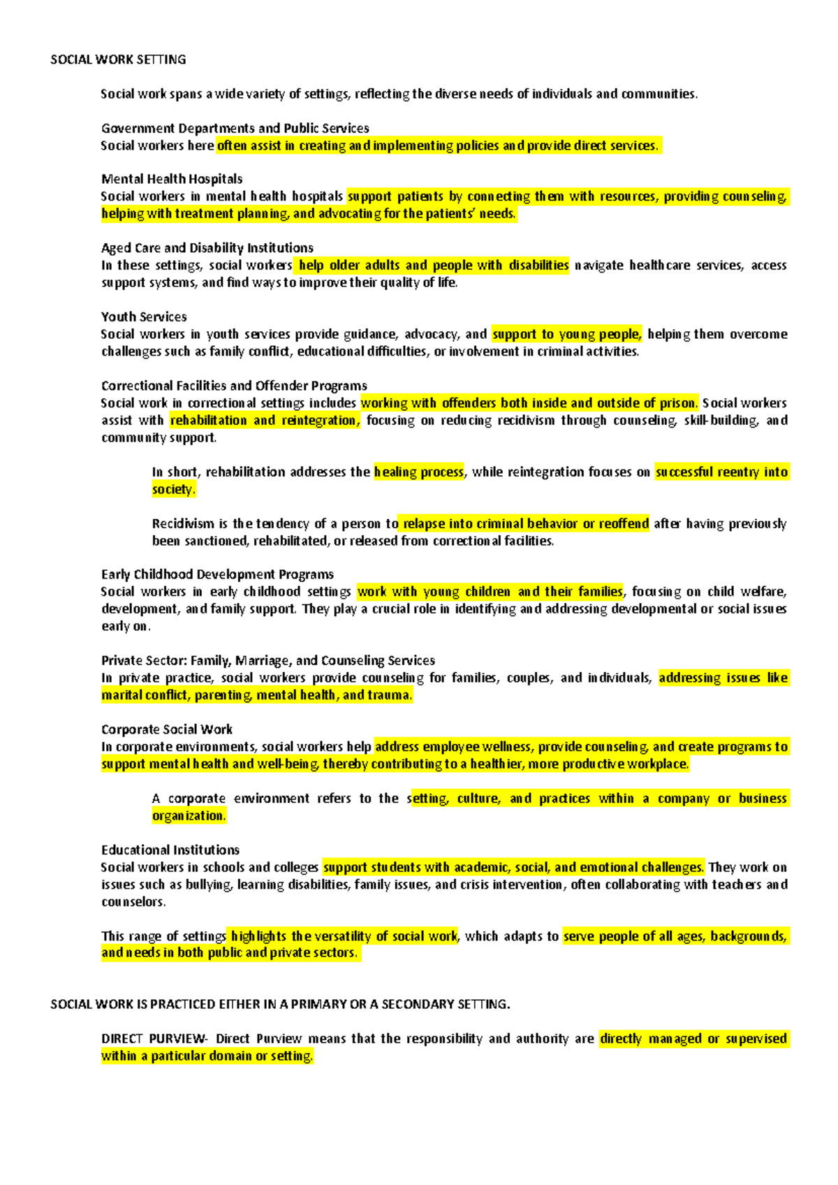 Social WORK 101: Class Notes on Various Professional Settings - Studocu