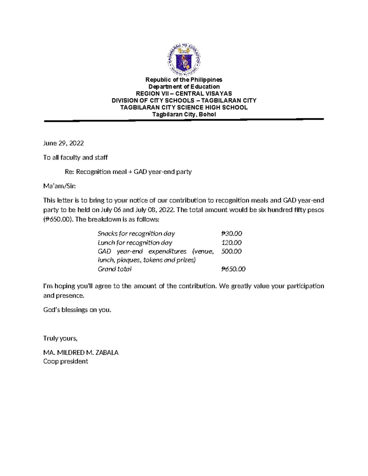 GAD Party Contribution Letter - Tagbilaran City Science High School ...
