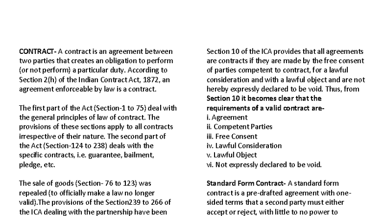 Contract Law Overview: Key Principles and Sections of ICA 1872 - Studocu