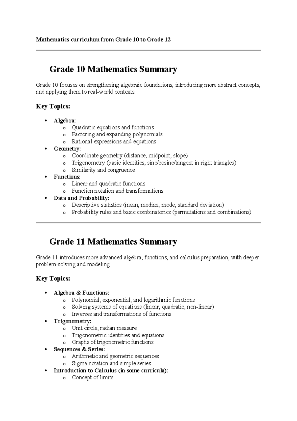 Mathematics Curriculum Overview: Grades 10-12 Summary - Studocu