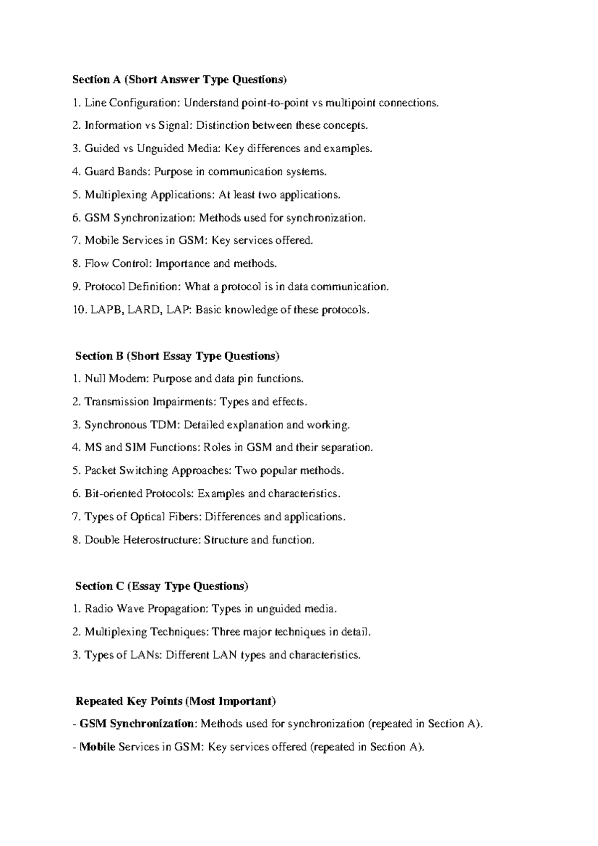 Data Communication Key Points: Short & Essay Questions (DC 101) - Studocu