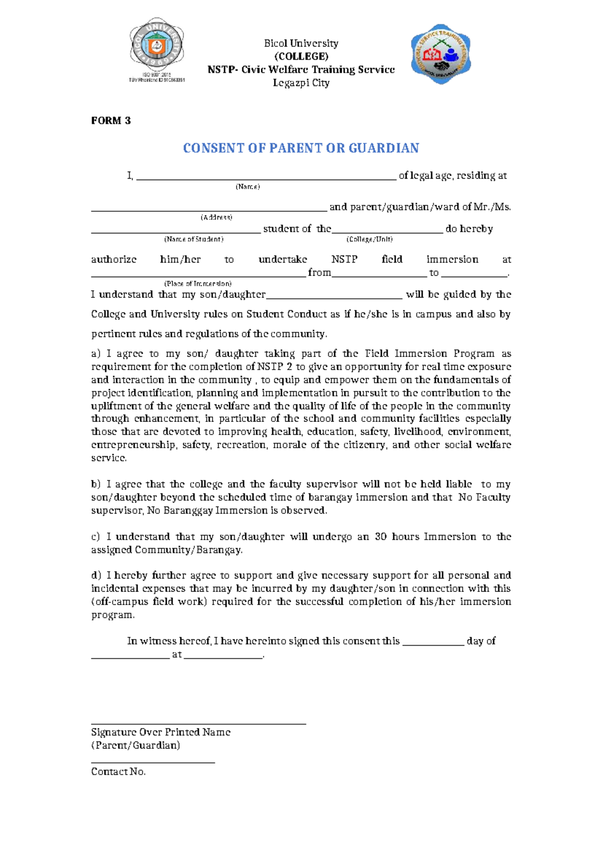 FORM 3: Parent/Guardian Consent for NSTP 2 Field Immersion - Studocu