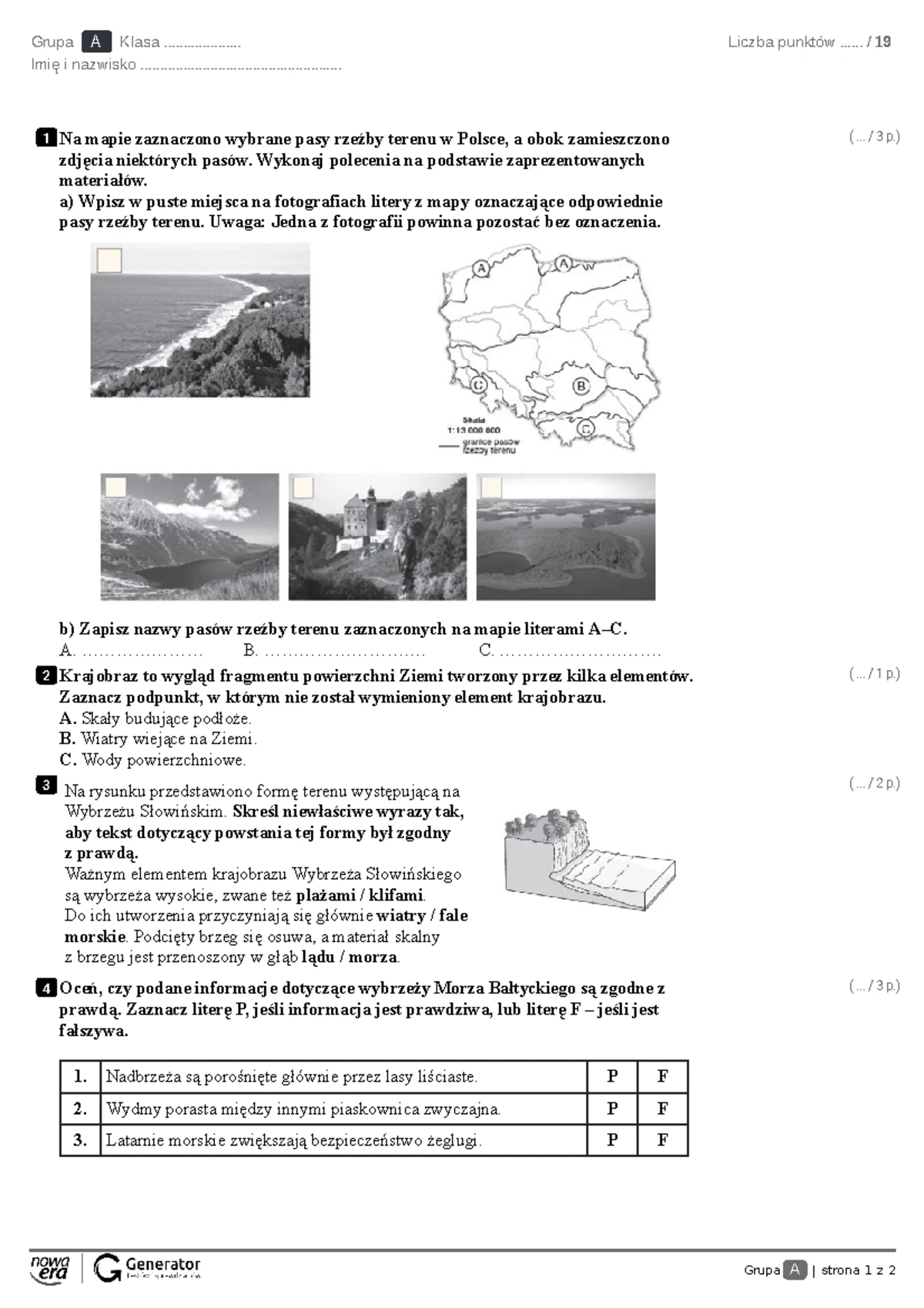 Krajobrazy Polski część 1 Klucz odpowiedzi - Grupa A | strona 1 z 1 Klucz odpowiedzi Krajobrazy ...