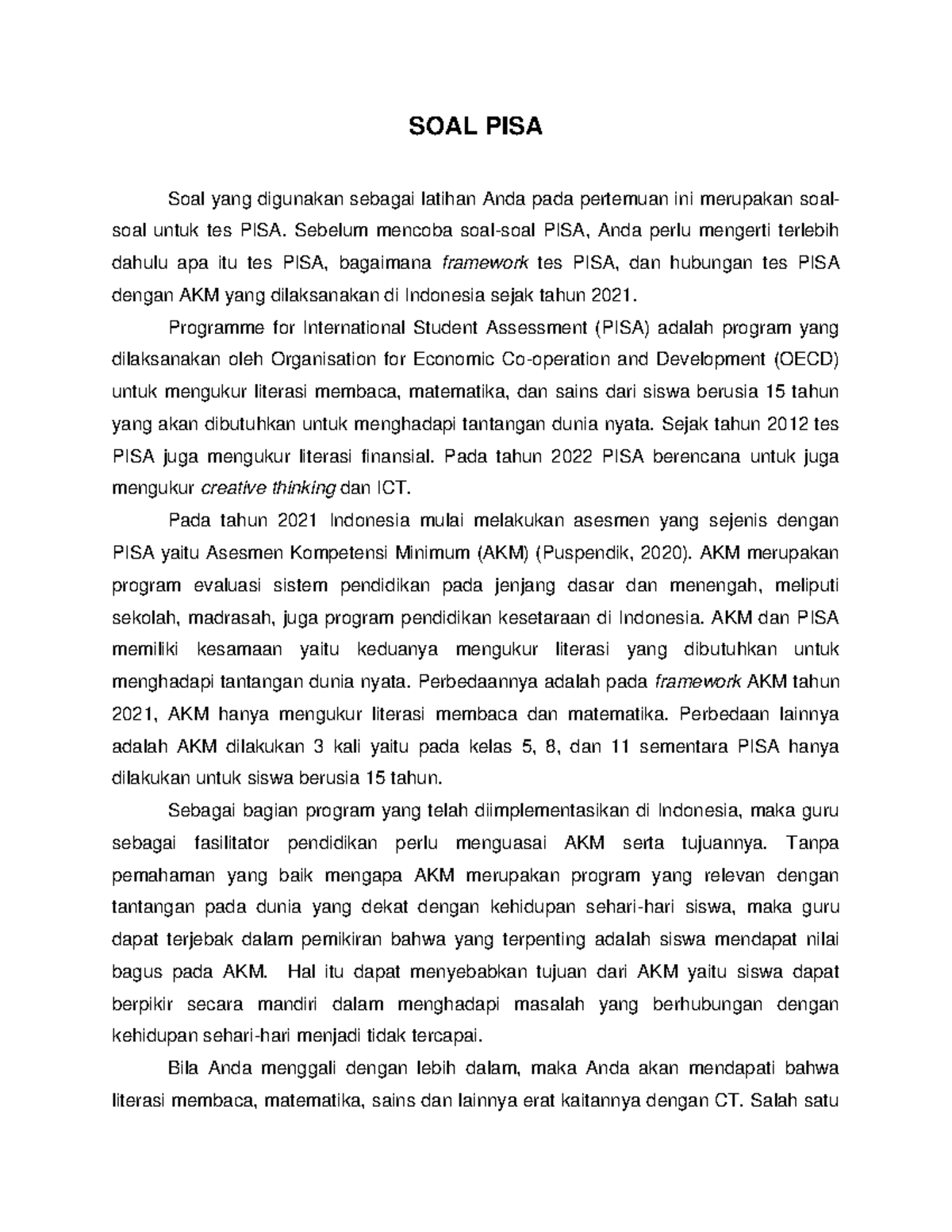 Materi Latihan SOAL PISA - Tes PISA dan AKM 2021 - Studocu