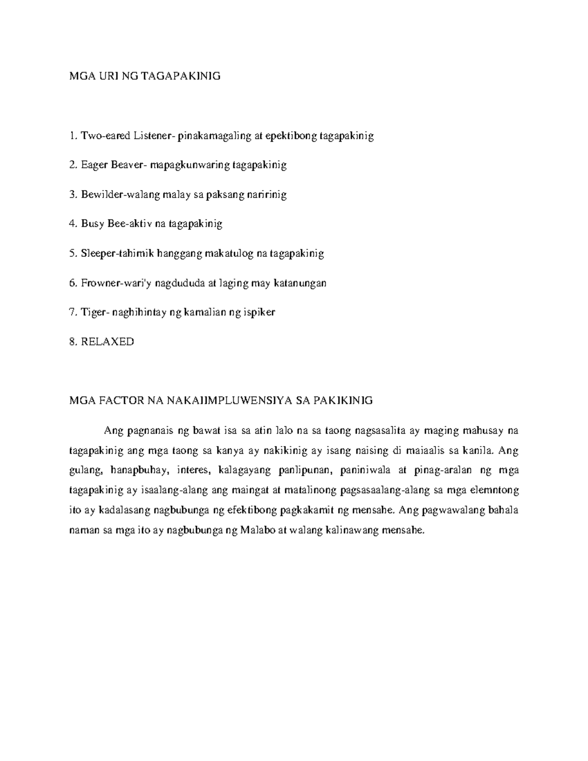 MGA URI NG Tagapakinig - MGA URI NG TAGAPAKINIG Two-eared Listener ...