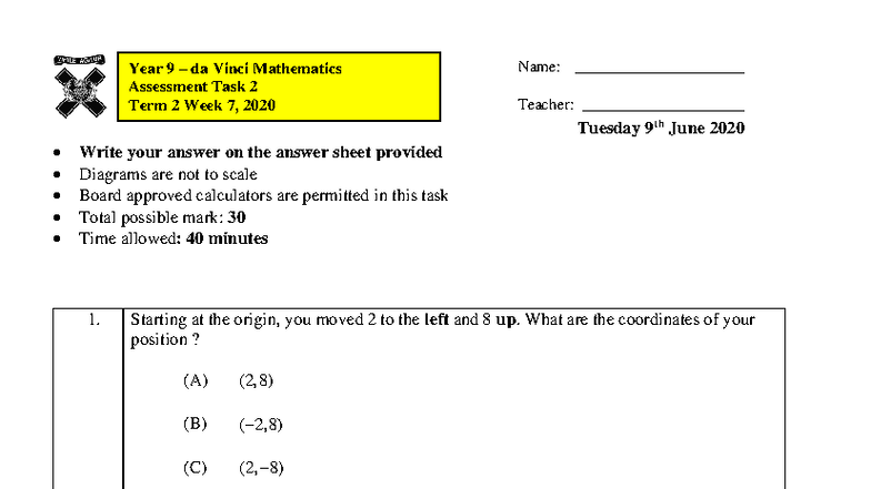 2020 Y9 da Vinci AT2 - A practice test for maths - Write your answer on ...
