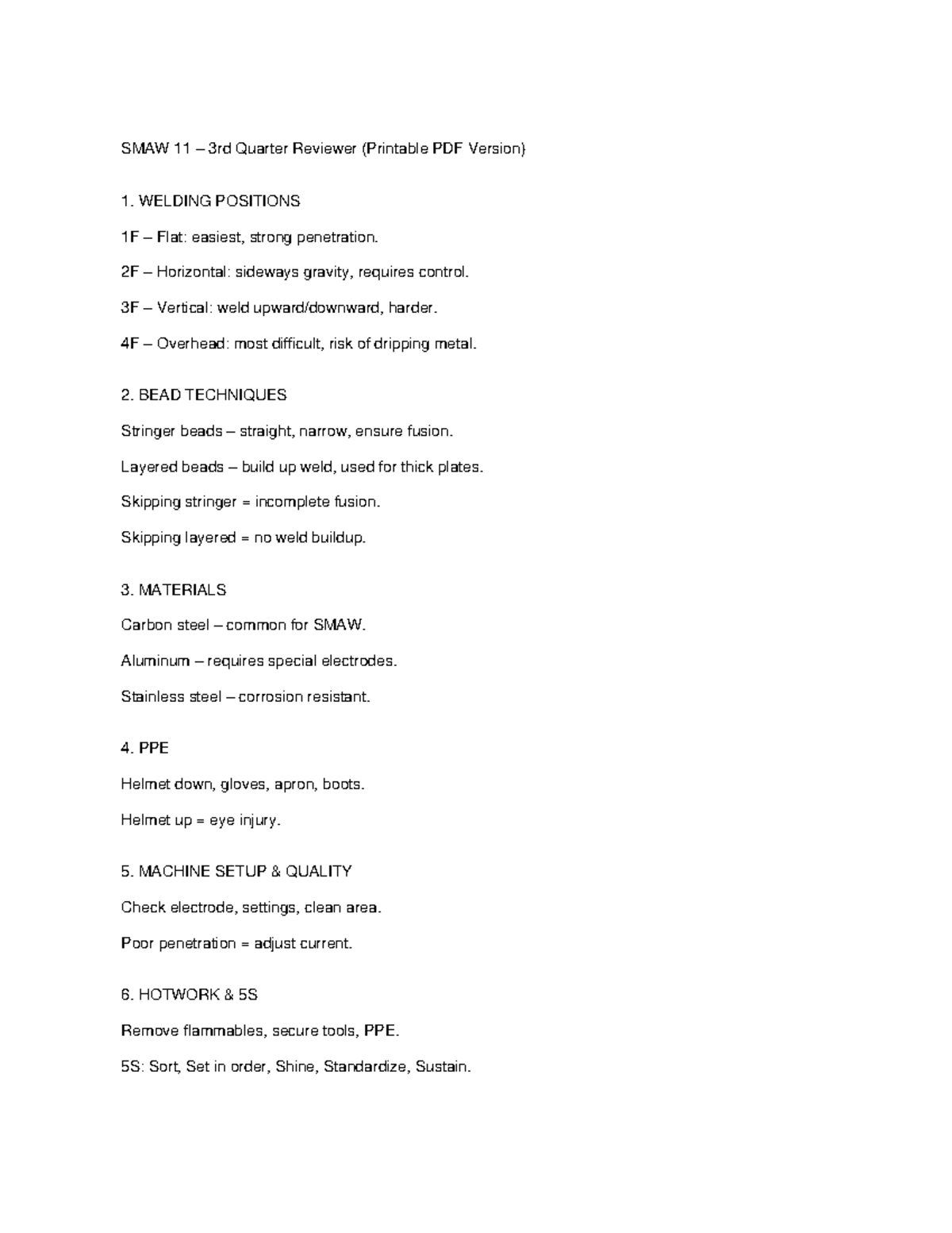 SMAW 11 3rd Quarter Review: Welding Techniques & Safety - Studocu