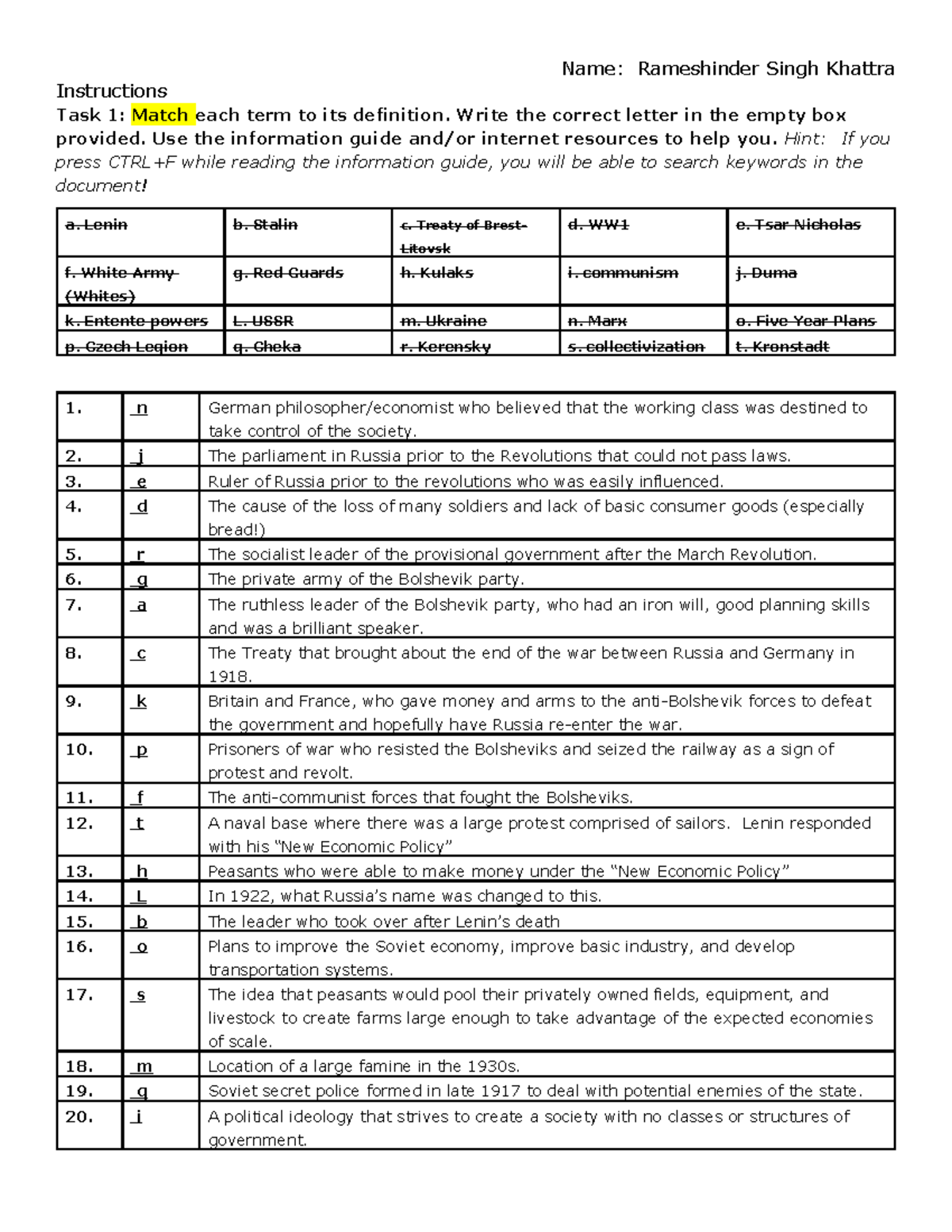 Russian Revolution: Key Terms and Definitions - Study Guide - Studocu