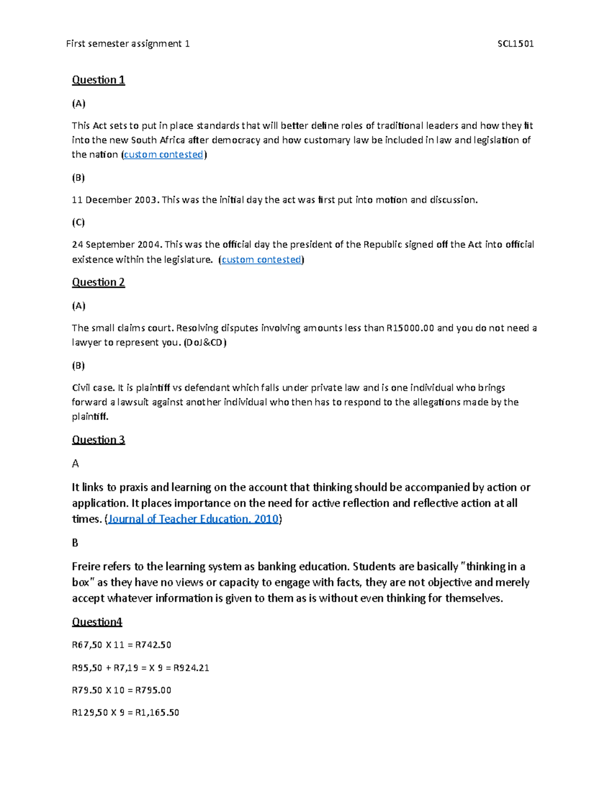 SCL Assignment 1 memo - First semester assignment 1 SCL Question 1 (A ...