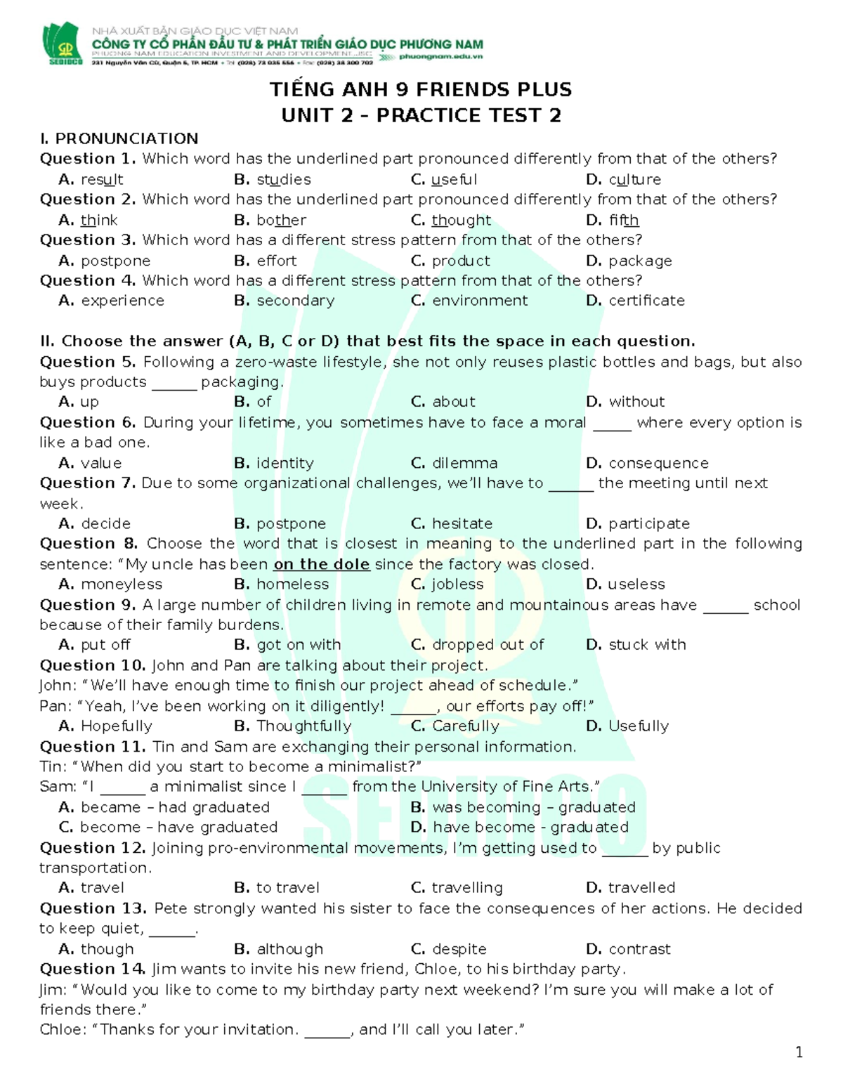 Tiếng Anh 9 Friends Plus Unit 2: Practice Test 2 Answers & Exercises ...