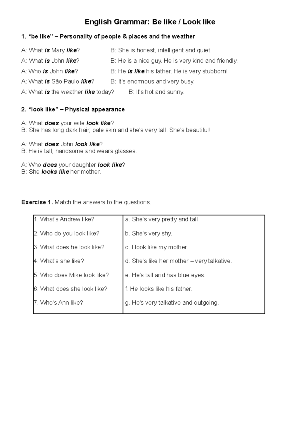 English Grammar: Be Like vs Look Like - Key Concepts and Exercises ...