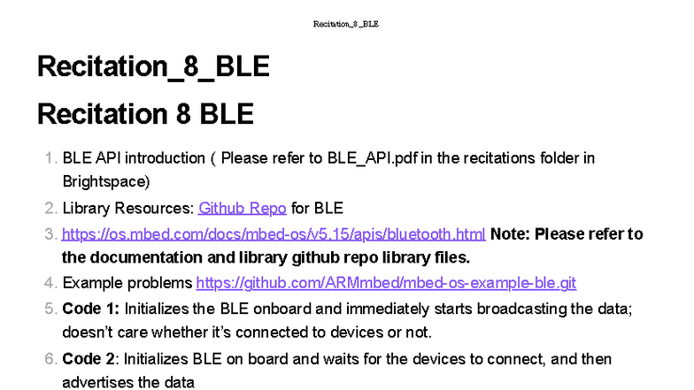 Recitation 8: Introduction to BLE API and Example Codes - Studocu