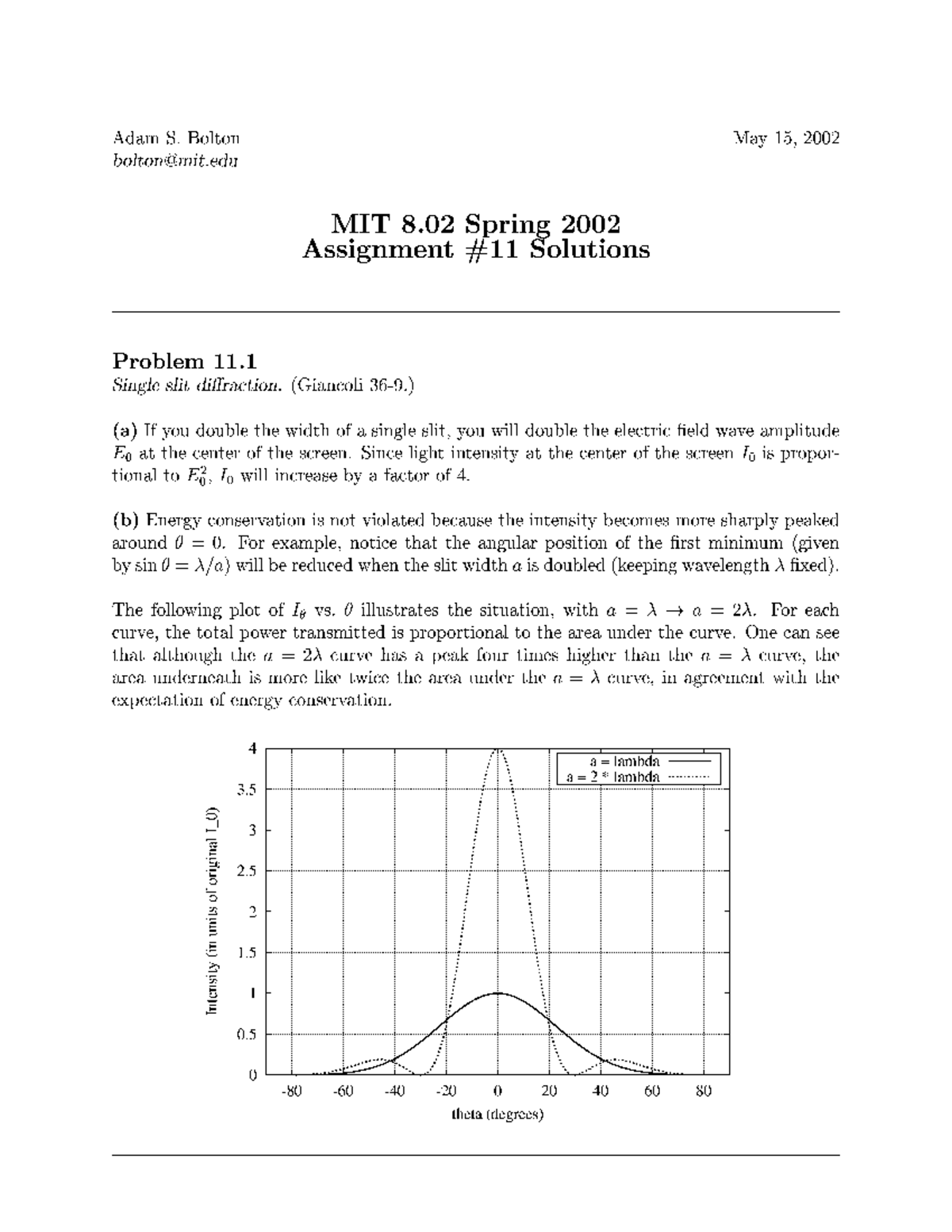 MIT 8.02 Spring 2002 Assignment Solutions: Single Slit Diffraction ...