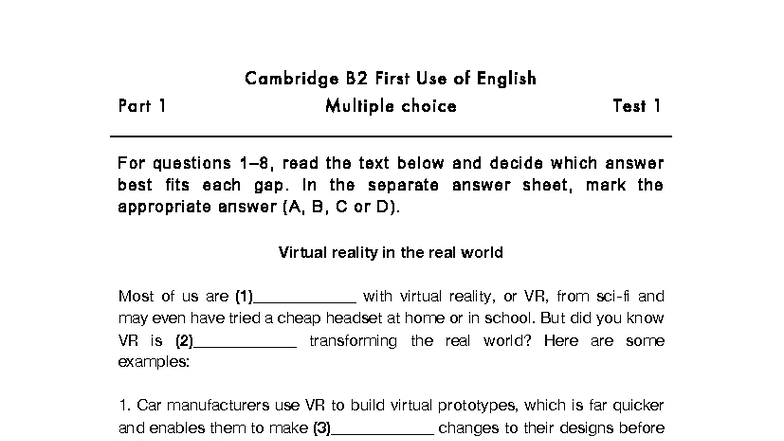Cambridge B2 First Use of English Practice Tests and Exercises - Studocu