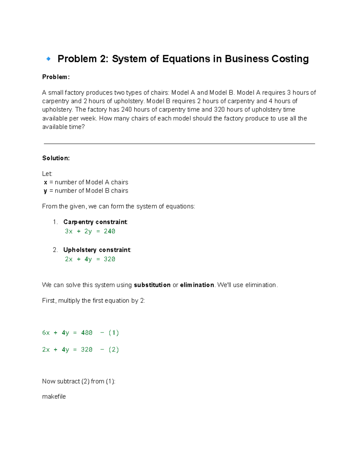 System of equations in business costing: chair production problem - Studocu