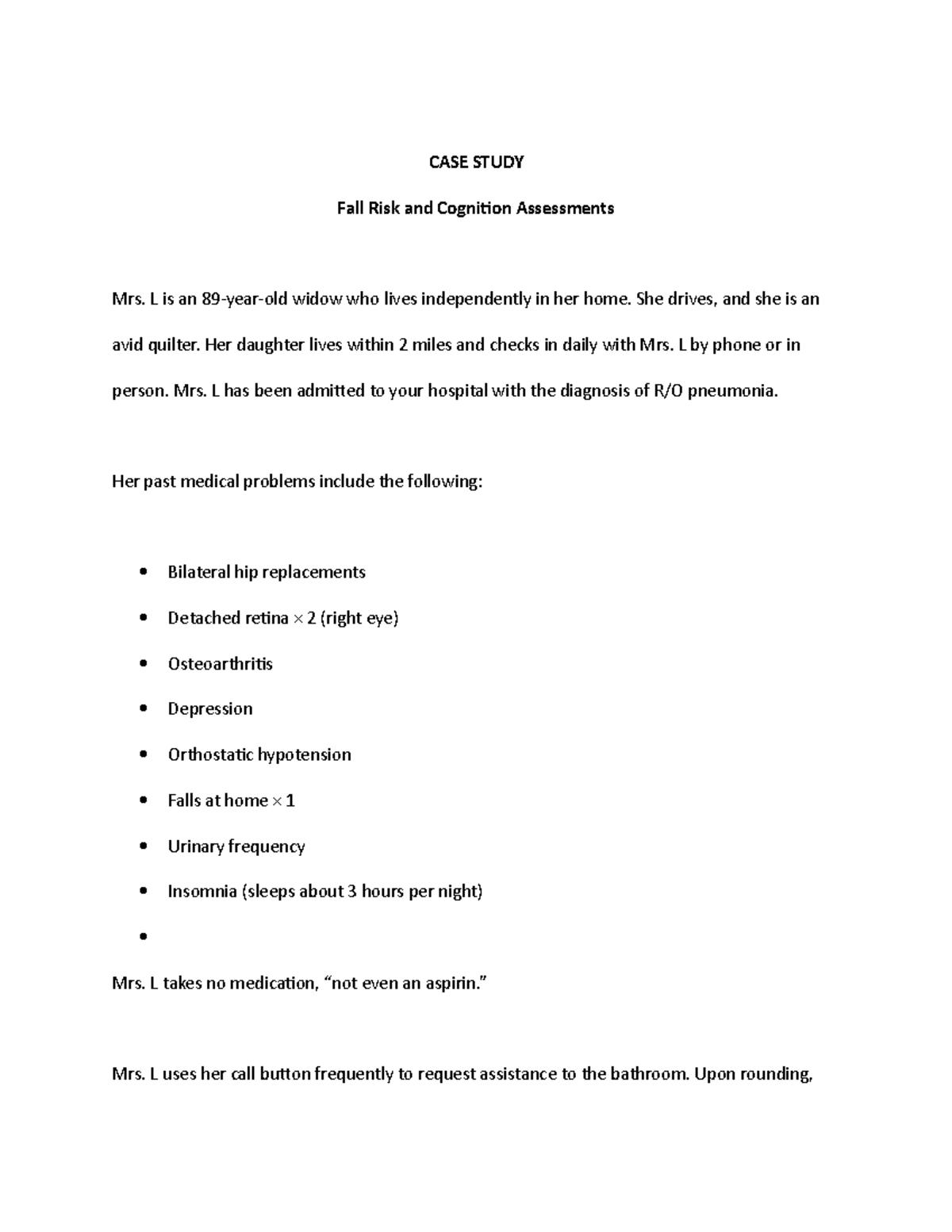 CASE Study on Fall Risk Assessment for Mrs. L - Studocu