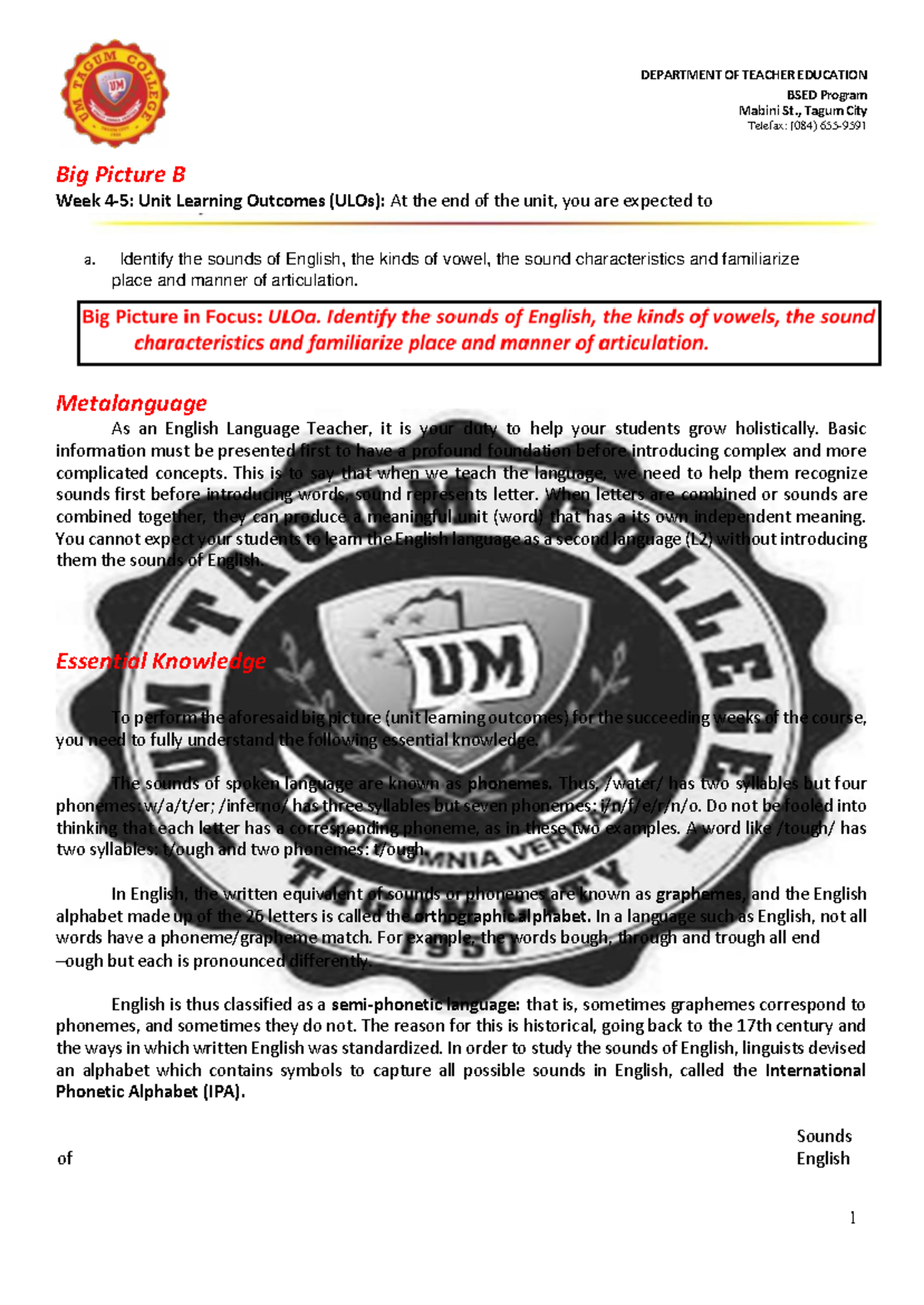 ELT-325 Week 4-5 Module: Understanding English Sounds and Phonetics ...