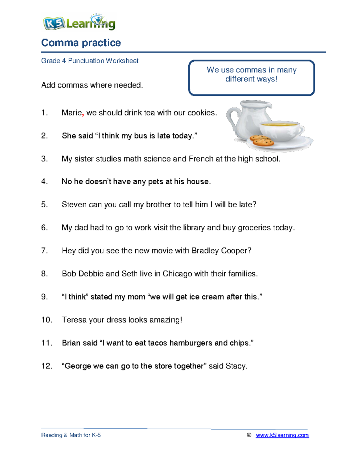 Grade 4 Comma Practice Worksheet: Punctuation Exercises - Studocu