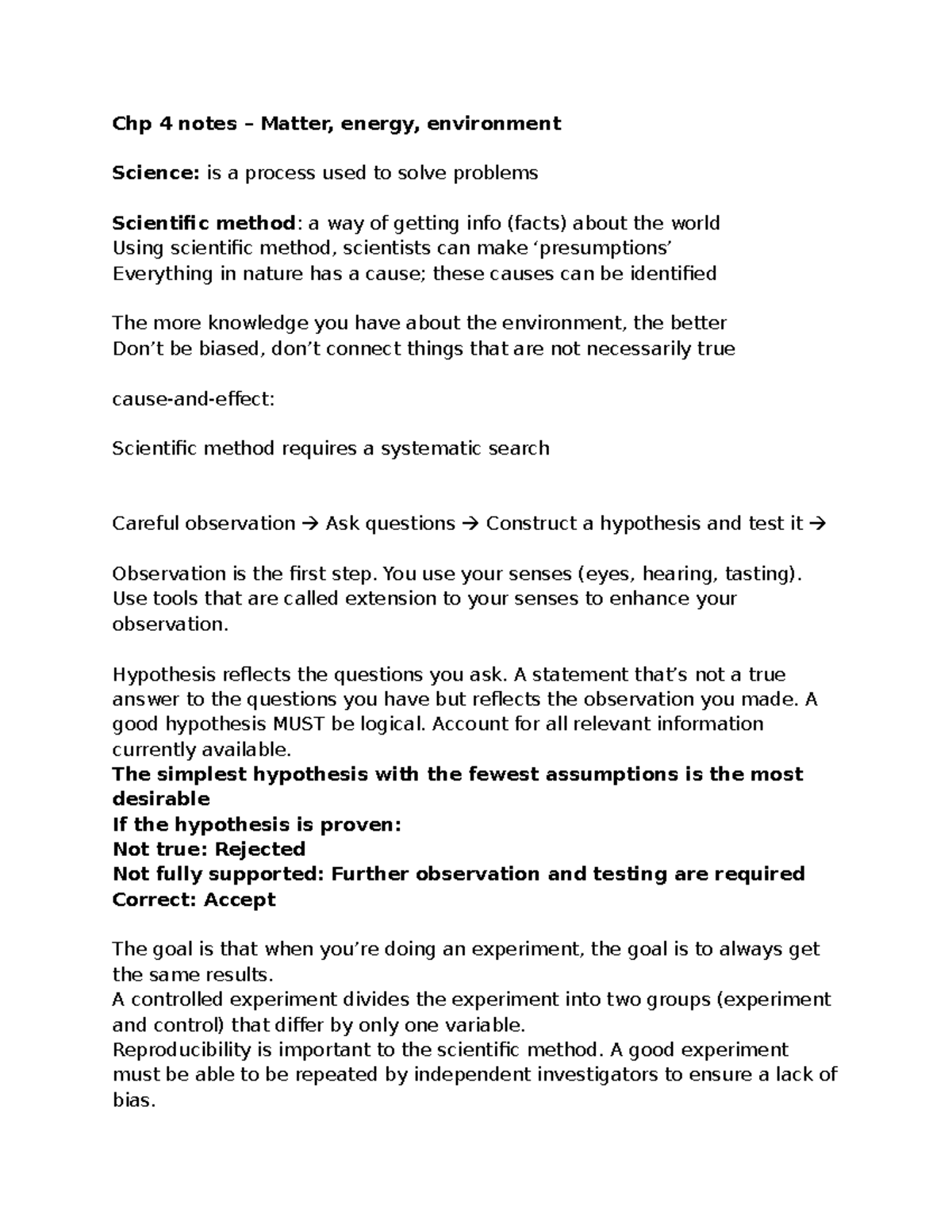 Chp 4 Notes: Matter, Energy, and the Scientific Method in Science - Studocu