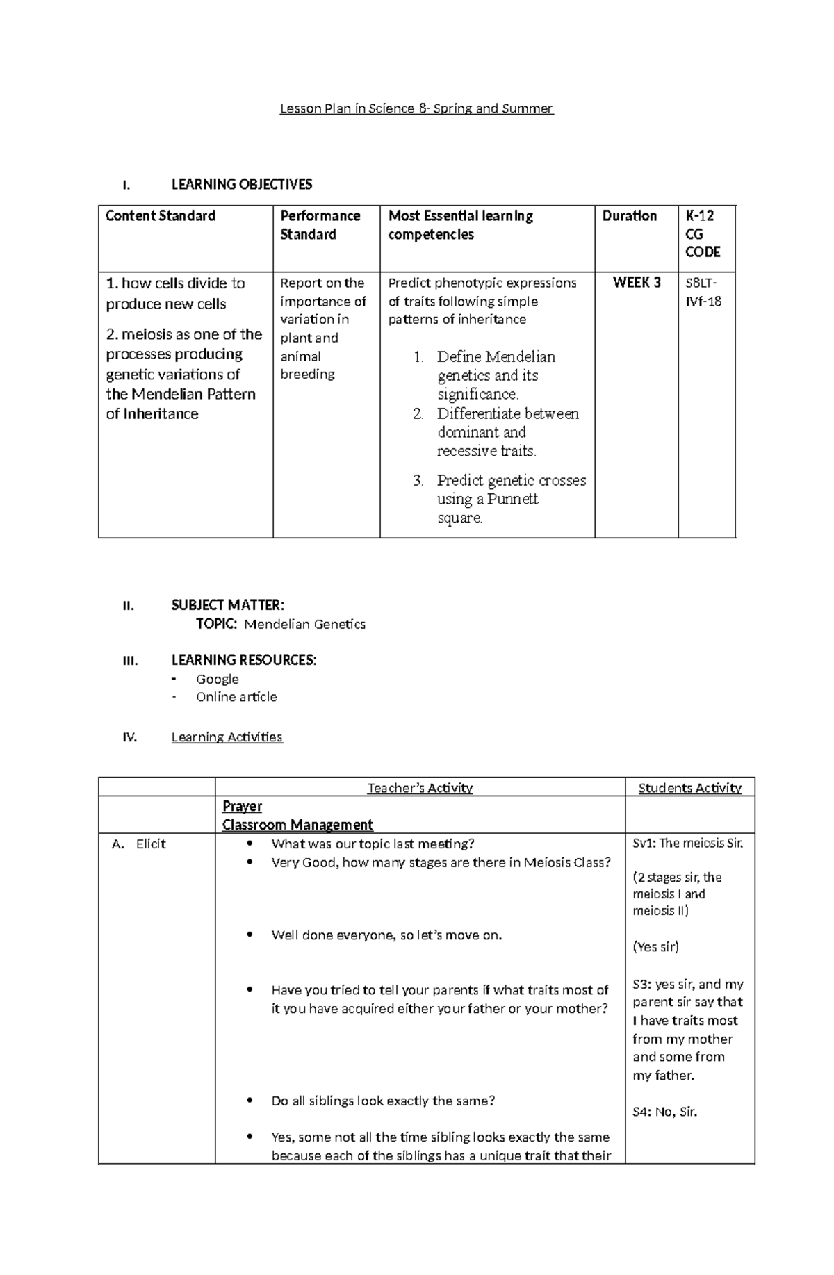 Mendelian Genetics S8LT- Lesson Plan for Spring and Summer - Studocu