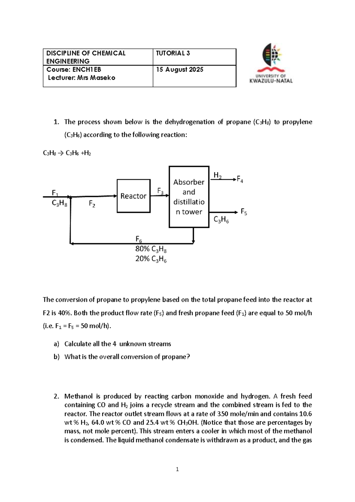 ENCH1EB Tutorial 3: Dehydrogenation & Methanol Production Analysis ...