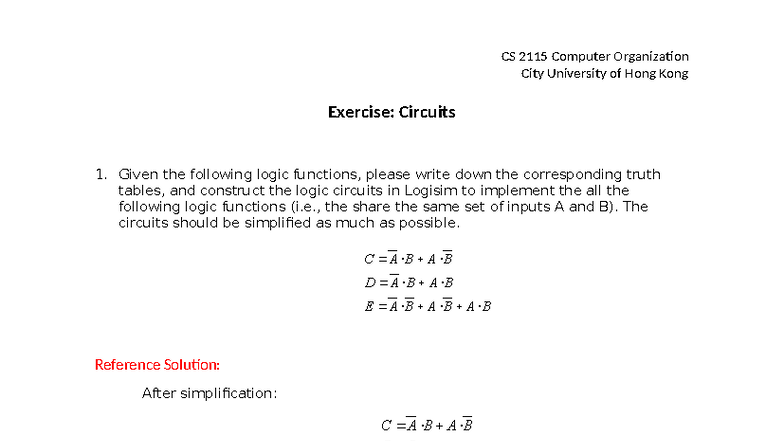 CS 2115 Computer Organization: Circuits Exercise & Solutions - Studocu