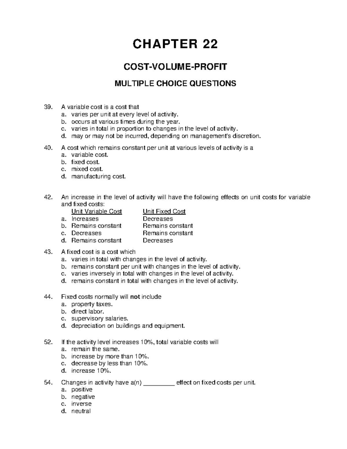 CHAPTER 22: MULTIPLE CHOICE QUESTIONS ON VARIABLE AND FIXED COSTS - Studocu