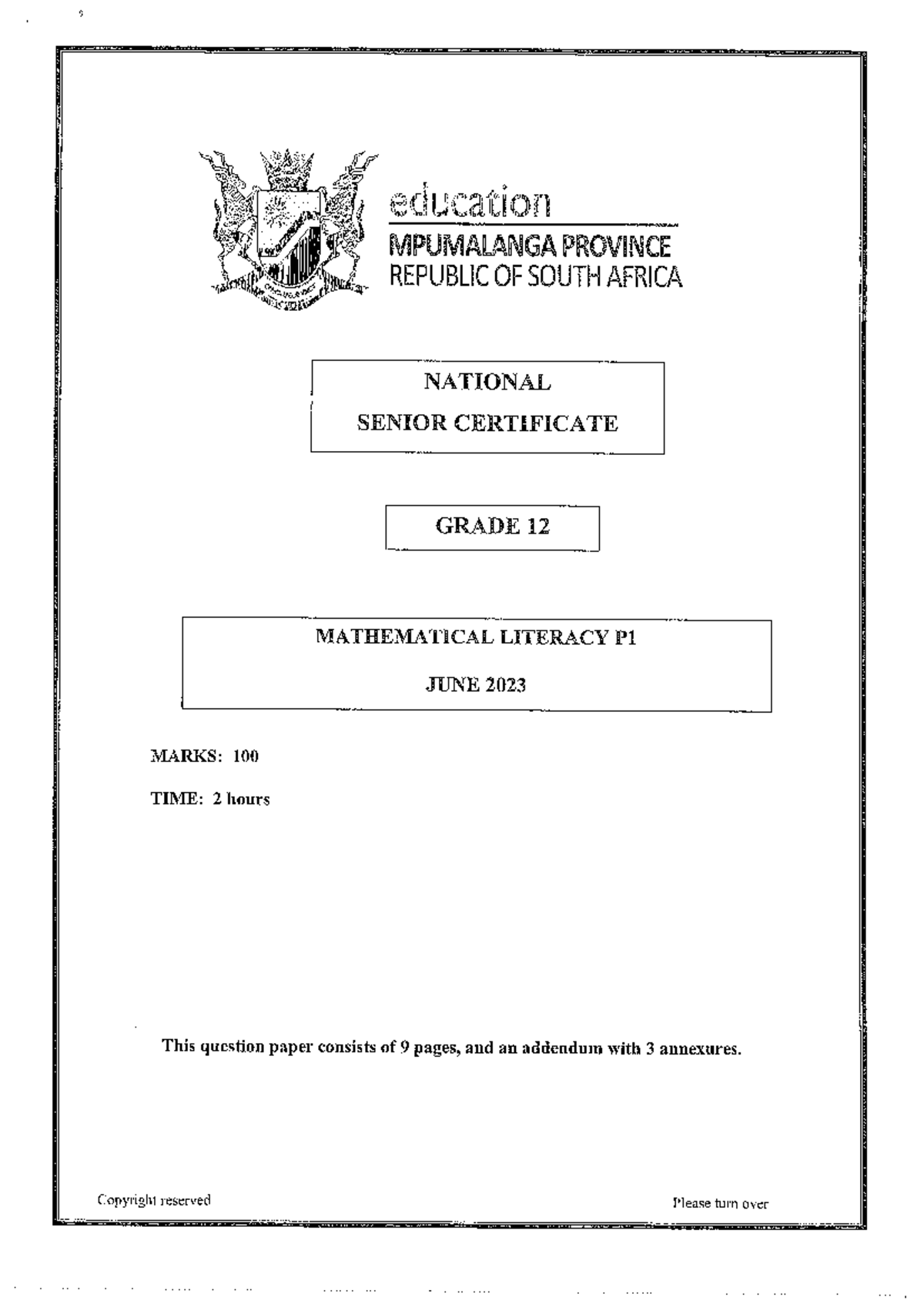 Mathematical Literacy P1 Exam - Mpumalanga - June 2023 Question Paper ...