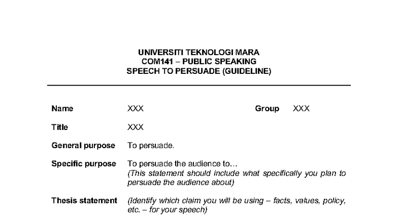 COM141 - Public Speaking: Persuasive Speech Outline Guide - Studocu