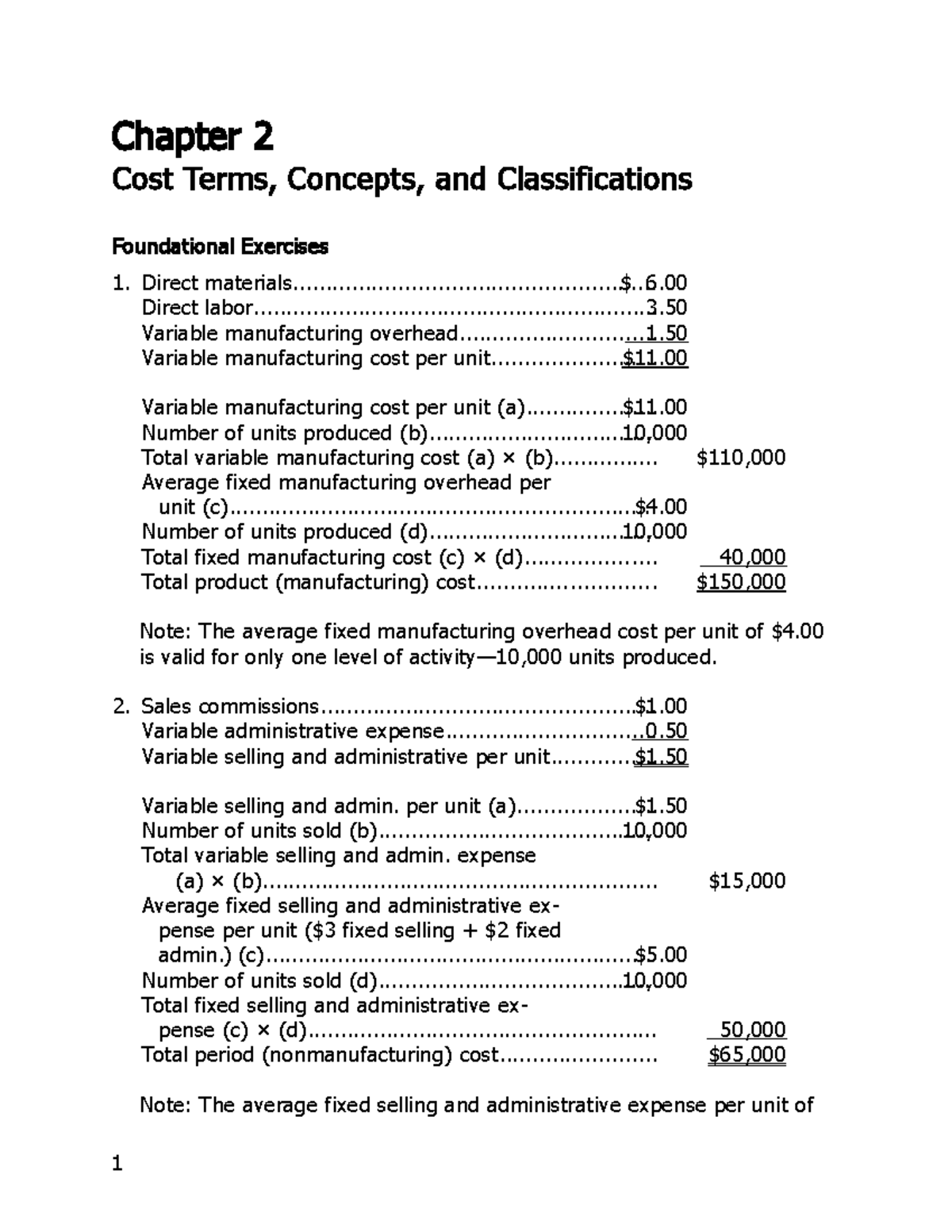Chapter 2 - Cost Terms & Classifications Exercises Solutions - Studocu