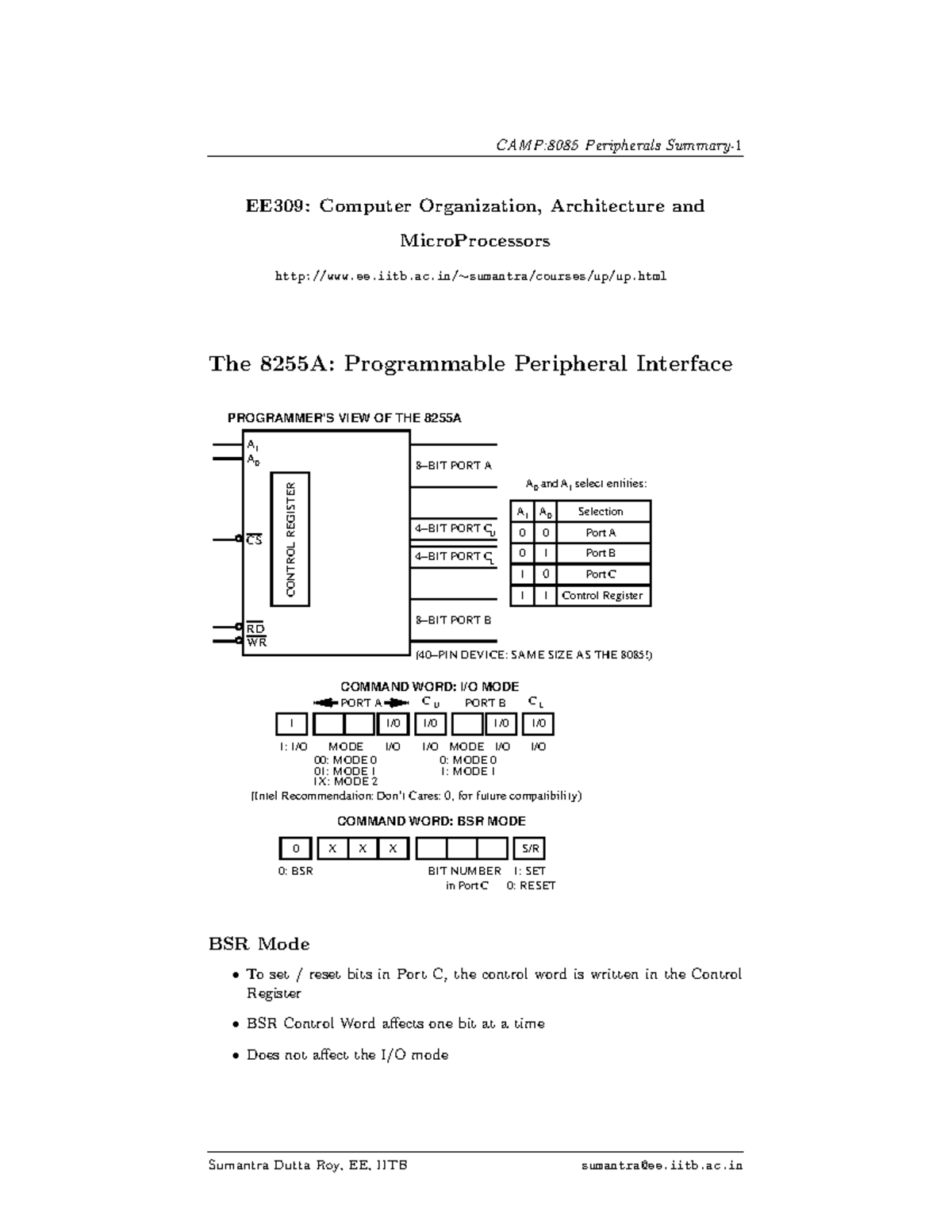 CAMP:8085 Peripherals EE309: 8255A Programmable Interface Overview ...