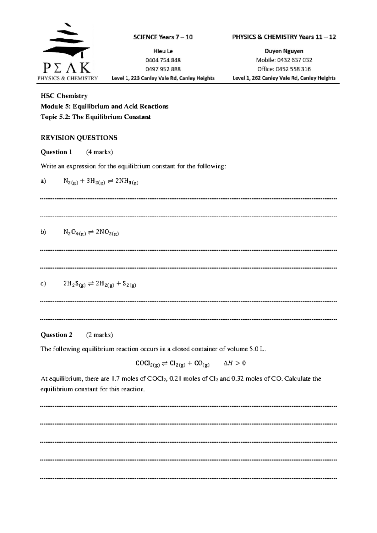 HSC Chemistry Module 5: Equilibrium & Acid Reactions Revision Questions ...
