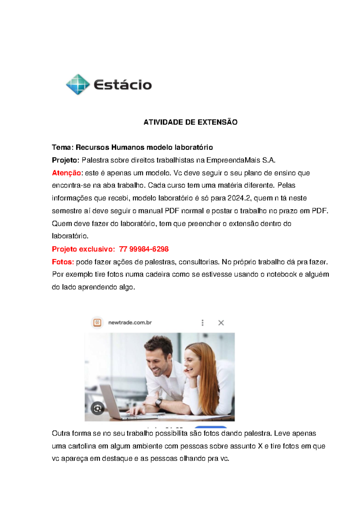 Laboratório Estácio de Sá preenchido - ATIVIDADE DE EXTENSÃO Tema: Recursos Humanos modelo - Studocu